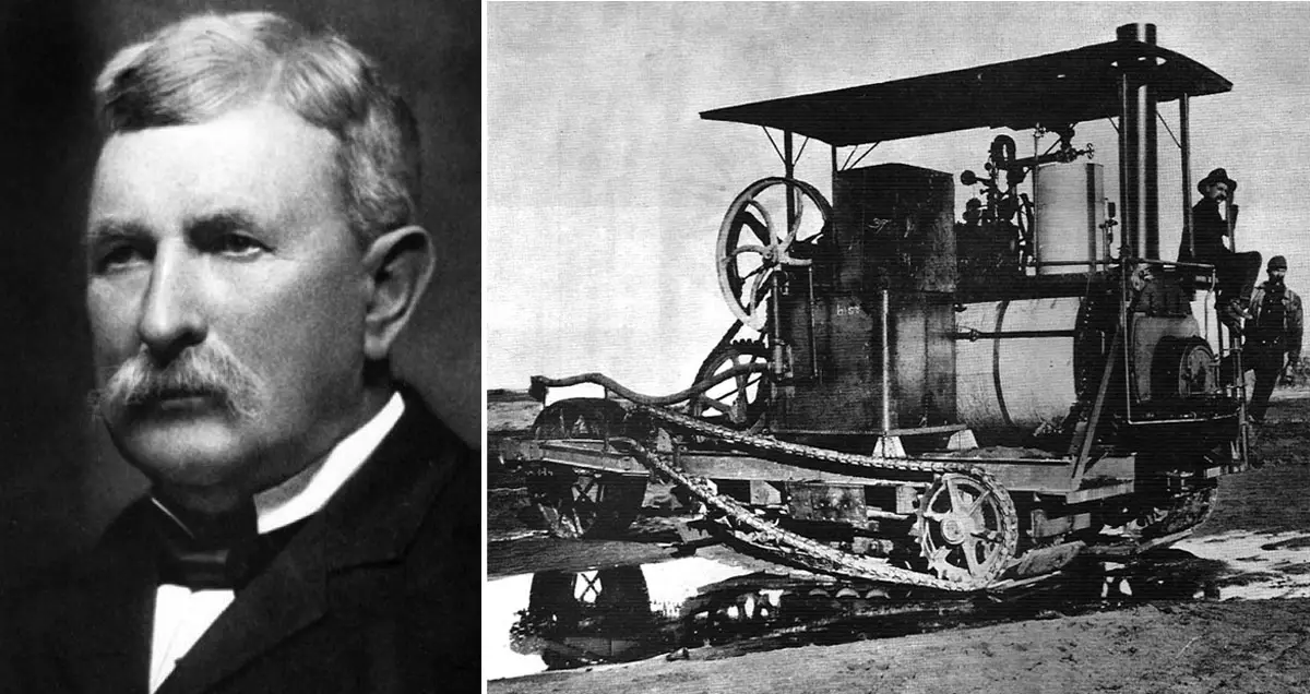 Benjamen Holt et le premier prototype de son tracteur Caterpillar avec une chaîne externe. À l'avenir, l'inventeur a déployé une voiture à vapeur pendant 180 degrés et complètement repensé le système de vitesse.