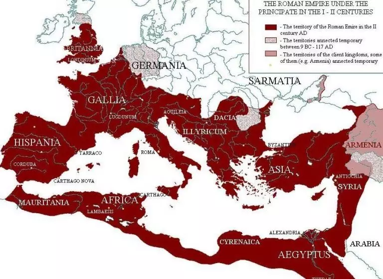 वास्तविक इतिहास, II शताब्दी मा रोमन साम्राज्यको सीमाना। विज्ञापन