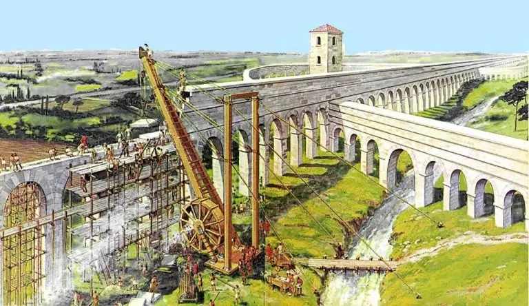 로마 수로 건설. 현대 그림입니다