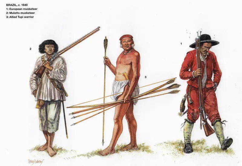 Uniformes de tropas que operan en Brasil en 1640: 1) Musca europeo; 2) Musketro Mulatto; 3) indio. imtw.ru.