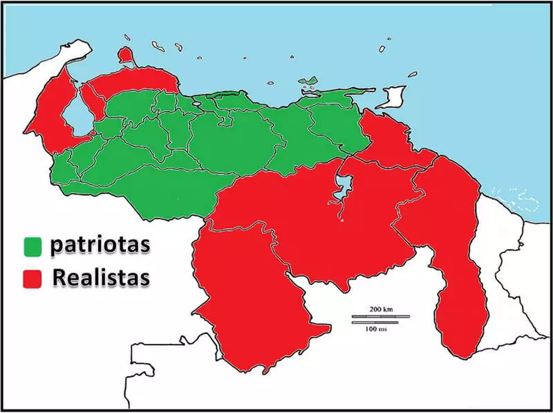 Беренче Венесуэла республикасы. Яшел республика провинцияләрен, кызыл - роялистны күрсәтә. Wikimedia.org.