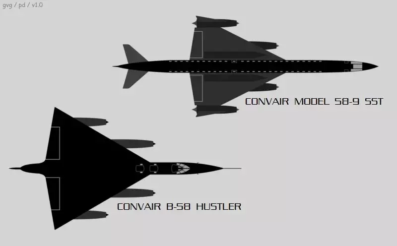 ម៉ូឌែលម៉ូឌែល 58-9 និងនឹម B-58 Hustler ។ ការប្រៀបធៀបនៃទិដ្ឋភាពខាងលើ។ រូបថត: Airvectors.net ។