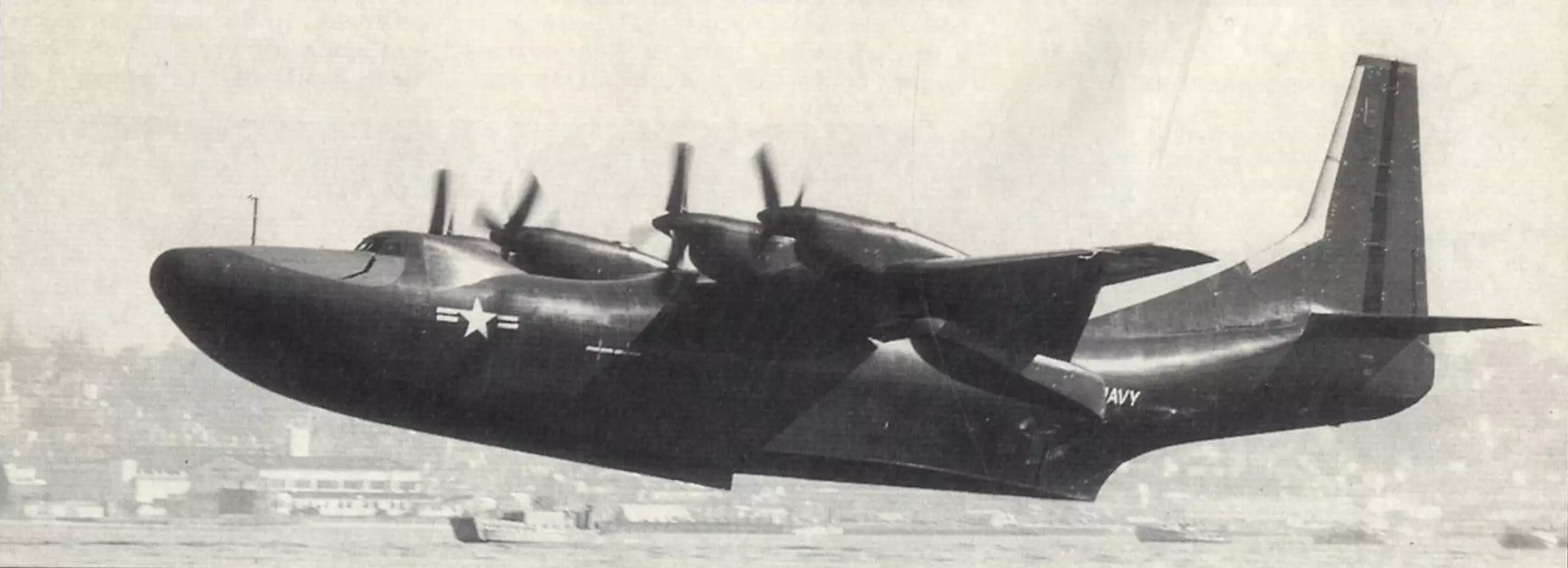 The first serial R3Y-1 TradeWind takes off from San Diego Bay at its first flight on February 25, 1954. Pilot was Don Germerad