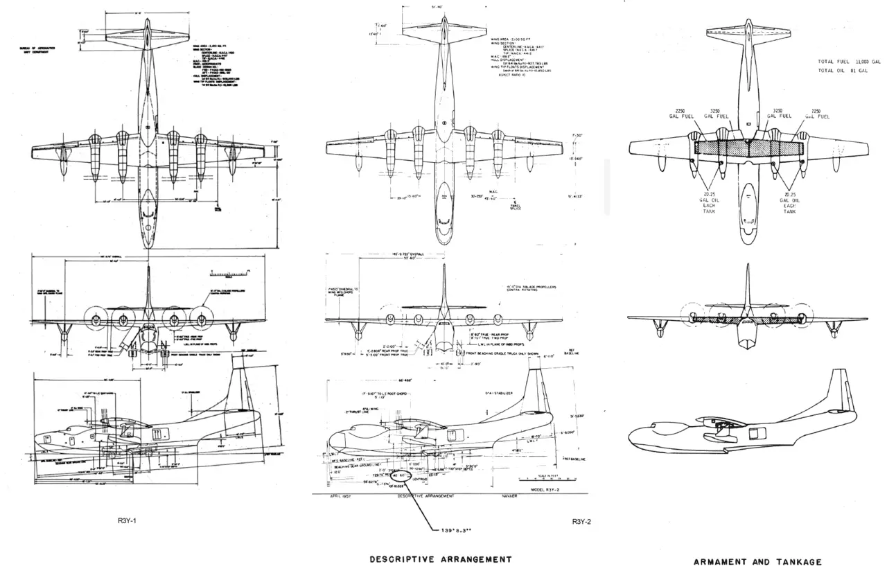 Drawings of flying boats R3Y-1 and R3Y-2