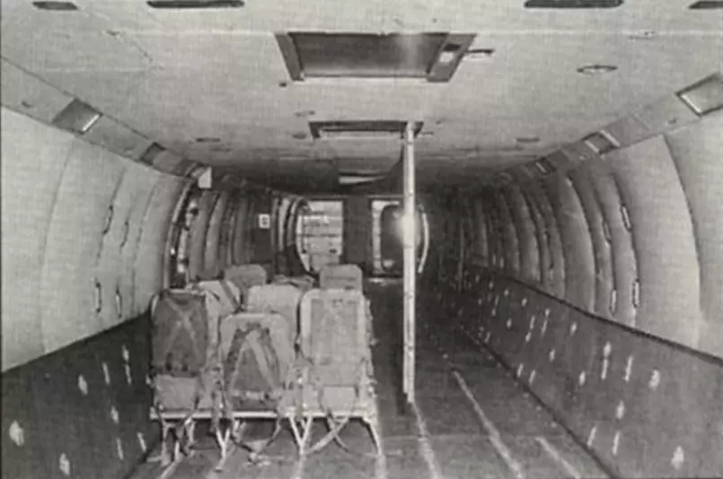 Cargo compartment of transport flying boat TradeWind; The staircase leads to the cockpit