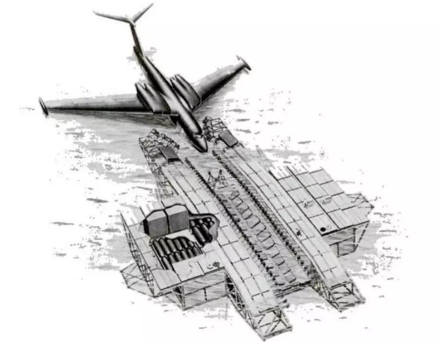 Projekt der schwebenden Versorgungsbasis für Seamaster R6m. Gesehen die Platzierung von Minen und Bomben