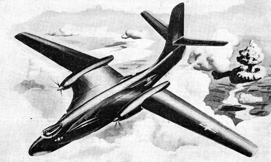 Авиация жумалыгы үчүн 1948-беренесинин 1948-статьясындагы принциполиянын келечектүү атом бомбасын 1948-статьясындагы президенттик атомдук бомбалоосун көркөм өкүлчүлүк. Бул толук так эмес, чыныгы долбоор же автордун фантазия белгилери. Бирок, бул биринчи белгилүү идеялардын бири.