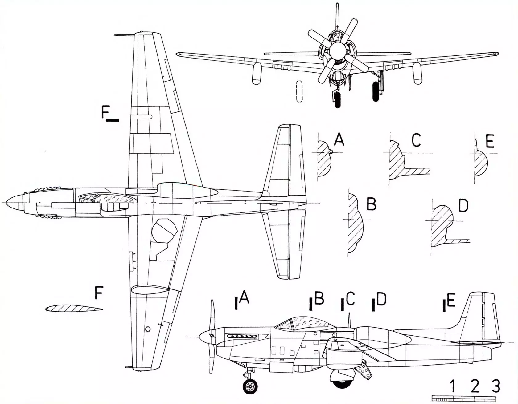 Schema eines erfahrenen Vultee XP-81 mit einem Motor mit einem Vultee XP-81 mit einem Motor V-1650-7