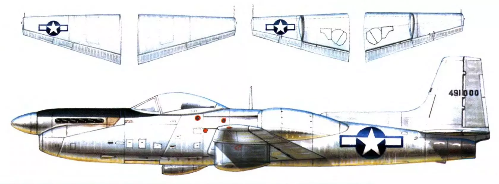Prvý prototyp prototypu prototypu prototypu konsolidovaného-vultea XP-81 (44-91000) (44-91000) (44-91000) (44-91000) (44-91000) letel bez kamypázy v Farba neinknutého alietaného a listového ocele. Na ochranu pilota pred oslnením bola časť pred kabínou namaľovaná čiernou farbou. Identifikačné značky boli aplikované na strane trupu a na konzole krídla, sériové číslo - na kýle lietadla
