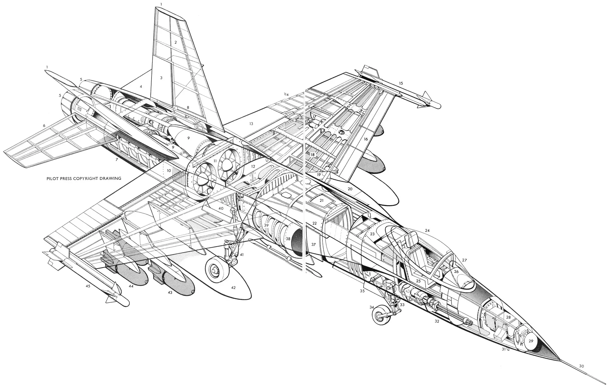 Projekt uvedený v sekcii Northrop P-530 Cobra: 1) odpadu antény; 2) Vertikálne perie ľavým kýlom; 3) riadenie smeru; 4) Stabilizátor ľavého konzoly; 5) trysky prúdových motorov; 6) Sada energie stabilizátora; 7) Sada napájania zadnej časti trupu a motora; 8) Zariadenie riadenia smeru; 9) Dva generálne TRFF Electric J101; 10) Distribúcia výfukových plynov; 11) Výkonová spline, ku ktorej sú pripojené motory; 12) náplasť centrálnej časti trupu; 13) ľavá klapka; 14) Sada motora Aileron; 15) Suspenzia rakety na ľavom konci krídla; 16) Odmietnutá krídlo ponožka; 17) Aileron Control zariadenie; 18) Sada elektrickej energie krídlovej konzoly; 19) Odchýlil sa na ovládacie zariadenie; 20) Ľavý prítok predného okraja krídla; 21) Tri palivové nádrže umiestnené v centrálnej časti trupu; 22) správny prílev prednej hrany krídla (zobrazený v kontexte); 23) Priestor elektronického zariadenia; 24) bezrámové lucerny; 25) pilotné sedadlo; 26) Dashboard; 27) Interná obrazovka; 28) Elektronické zariadenia; 29) Radarová stanica; 30) pito trubice; 31) Krátka anténa; 32) Šesť-výkon 20 mm pištoľ M61A1 VULCAN; 33) nosový stojan s dvoma pristávacími svetlami; 34) Nosové koleso; 35) Niche Niche Sash Chassis Rack; 36) pylón pylón; 37) Klinový sací vzduch; 38) správny príjem vzduchu; 39) kanál potrubia; 40) Sash (horné a dolné) výklenky hlavného podvozku; 41) Hlavný podvozkový stojan; 42) zavesená palivová nádrž; 43) podtriipe pylón, určený na suspenziu dvoch bômb; 44) Cerval pylón, určený na suspenziu jednej bomby; 45) prívesok raketa na ľavom konci krídla