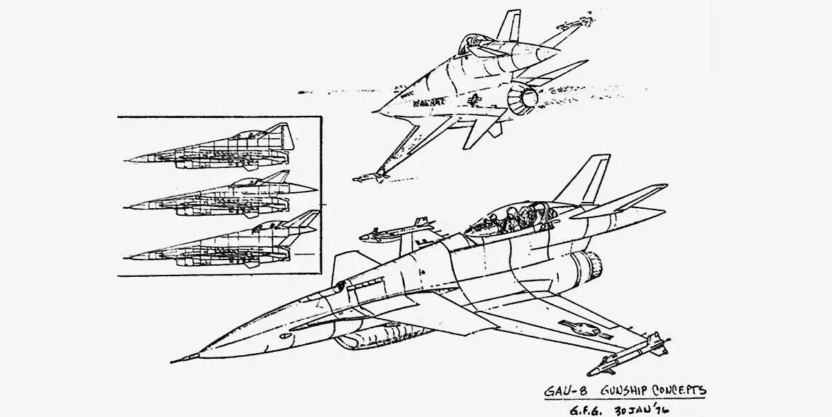 Gau-8 Gun installasie projek op 'n sterk gemodifiseerde F-16. Sulke studies is net op versoek van die Amerikaanse Lugmag uitgevoer