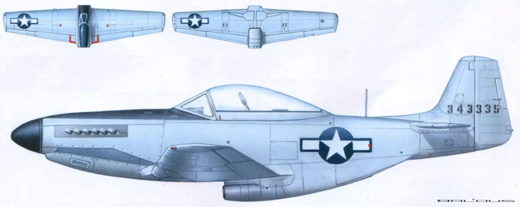 Bản sao đầu tiên của máy bay chiến đấu Pilot XP-51G đã được sơn hoàn toàn bằng sơn nhôm ô tô bóng. Xẻng của bụi cây vít và dải chống phản chiếu ở phía trước trên của thân máy bay được sơn màu đen. Trong các số liệu nhỏ, nó được chỉ ra rằng các dấu hiệu nhận dạng được áp dụng trên cùng bên trái và dưới cùng của bảng điều khiển cánh phải