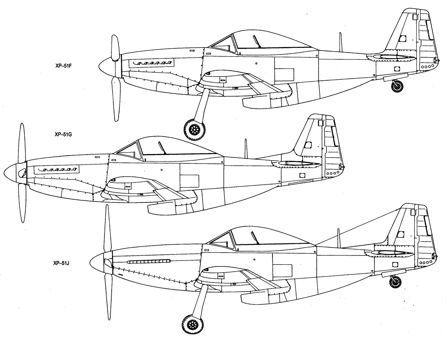 Sideprofiler av erfarne krigere XP-51F, XP-51H og XP-51J