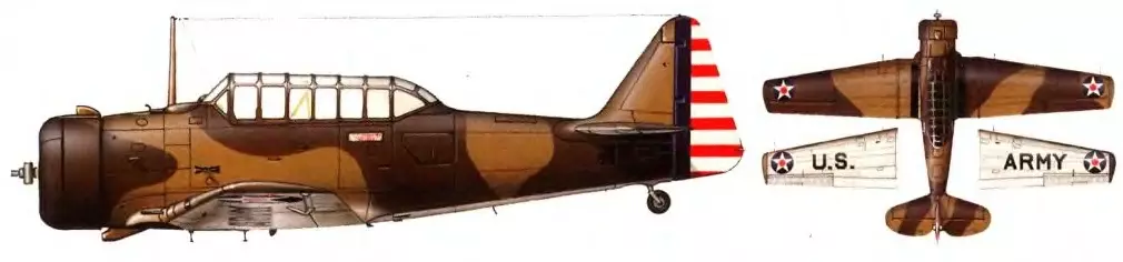 The Government of Thailand ordered Na-69 with camouflage coloring of two brown shades (light and dark). At the same time, the lower surfaces remained in the colors of an unpainted allyled and aluminum paint, which was applied to the ailerons that had linen trim and heights. NAA has withstood the specified scheme, but the lower surface of the engine hood, front of the fuselage and the front edge of the wing were also sealed. This camouflage color remained on A-27 after the transfer of US Army Aviation machines. Pictured in Figure A-27 was based on the Clark Field airfield and had a military number 41-18894