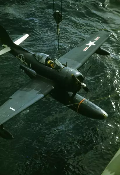 The Curtiss SC-1 Seahawk Scout Air Force on board the Light Creiser Manchester. Mediterranean Sea, 1947 or 1948.