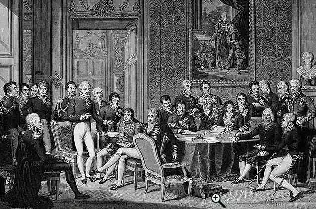 Congreso de Viena. En el clásico grabado es fácil encontrar a Talleyran y Metternich.