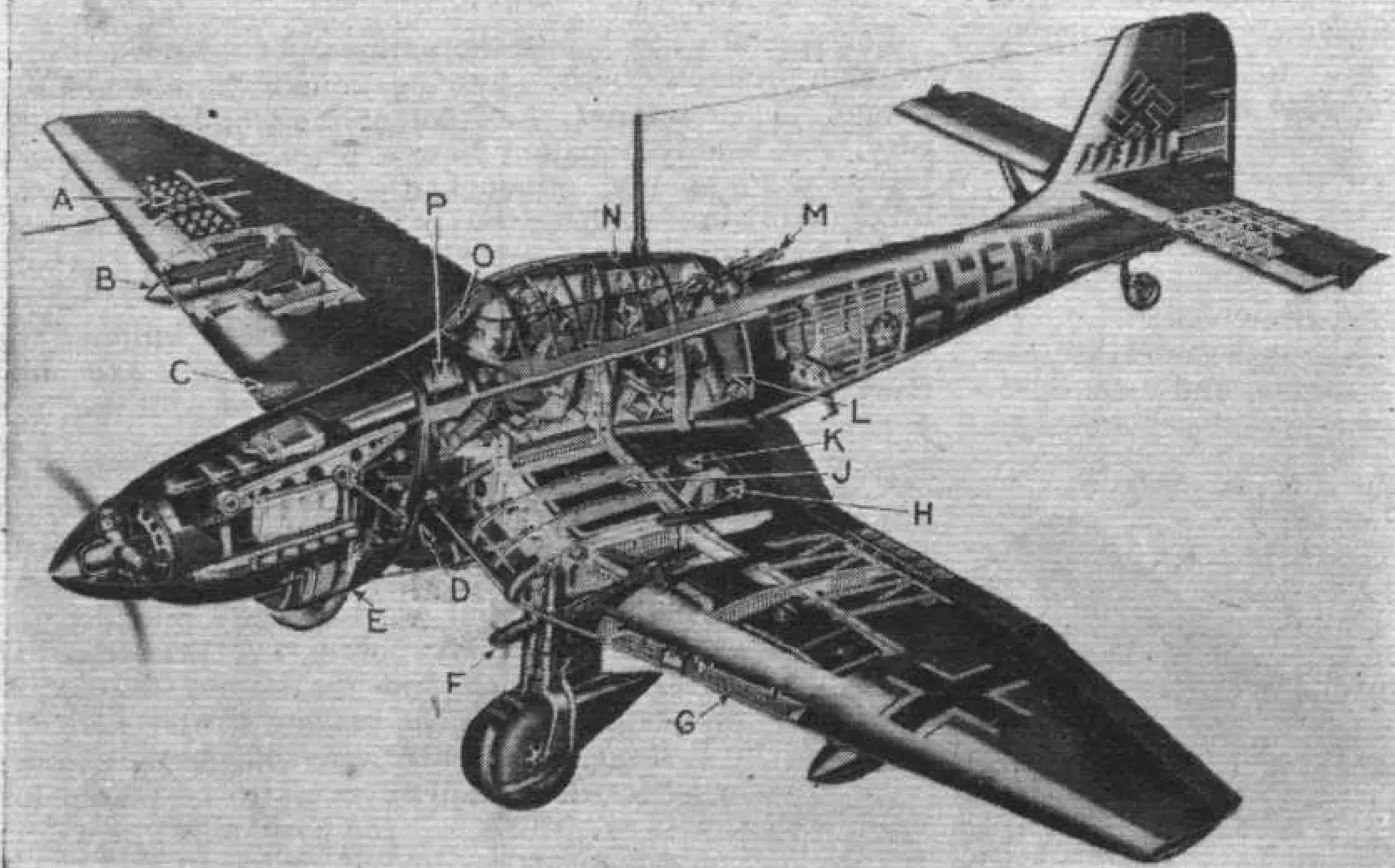 De nijste ferzje fan it âlde type. Junkers JU 87D: A) Oxygen Cylinders; B) bommen - ien 250 kg as twa 50 kg; C) 7.92 mm Machine Gun mg 17; D) 8 mm dikke wapens; E) induksje loftkoeler; F) smirine; G) aerodynamyske rem; H) legere diel fan 'e radiator, sjit en pipelines dy't 3.5-mm wapens krigen; J) in selsbrânstof-brânstof tank mei in kapasiteit fan 52,8 gallon (240 l); K) Coolant Radiator; L) Armored bulkhead mei in dikte fan 8 mm, pânsere flier mei in dikte fan 5 mm; M) spark 7.92 mm masinegewearen mg 81; N) in piloatmapaglêre mei in dikte fan 10 mm, in pilotpâns mei in dikte fan 8 mm, de beskerming fan 'e kanten en de sit en de sit en de sit mei in dikte fan 4 mm; O) Bulletproof Windshield 50 mm dik; P) Maslobacit mei in kapasiteit fan 6,8 gallons (31 l)