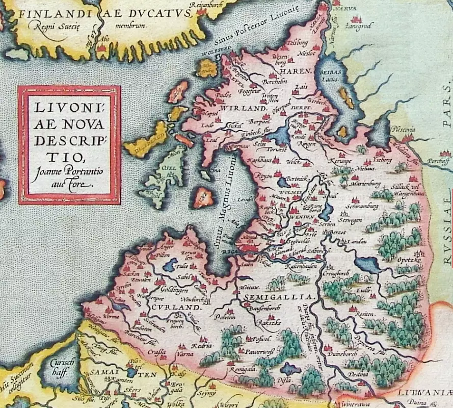 Livonia op de kaart van Atlas Abraham Ortelia. 1573 jaar. wikimedia.org.