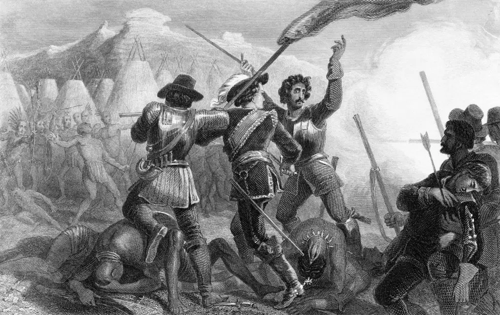 Ny ady Pekotskaya dia fifandirana mitam-piadiana eo amin'ny foko indianina sy ny mpanjanatianina anglisy ao amin'ny fanjakana Connecticut sy Massachusetts, 1637-1638 | J. C. Tollage, E. H. Corbould | Fanoharana momba ny taonjato XIX