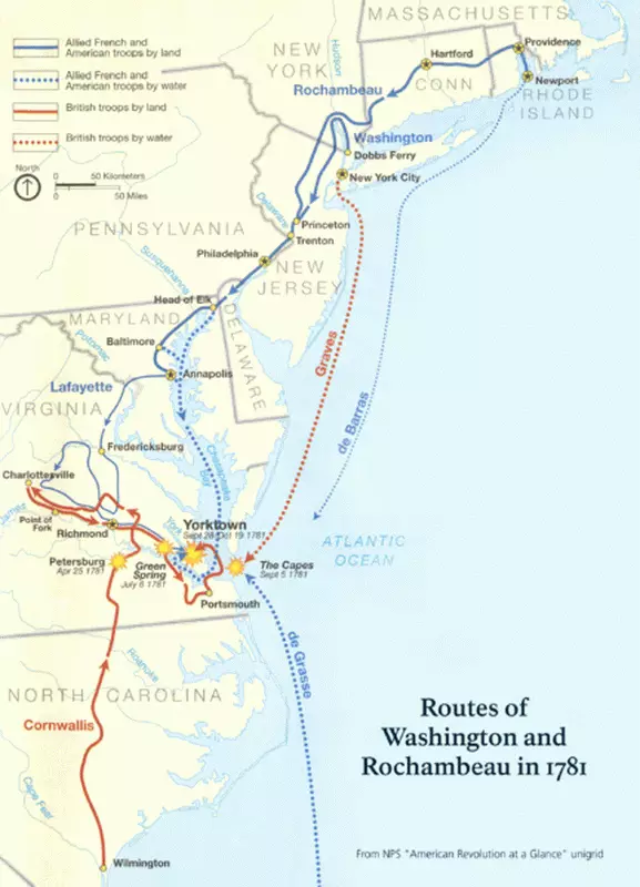 Akce anglického a francouzského loďstva. Věnujte pozornost akci francouzštiny v Chesapeake Gulf: prostě přepravovali americkou a francouzskou vojsku do Yorktown