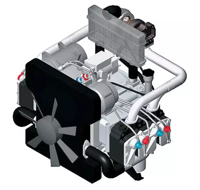 Layoutet af den modsatte 4-cylindrede dieselmotor af VELA.