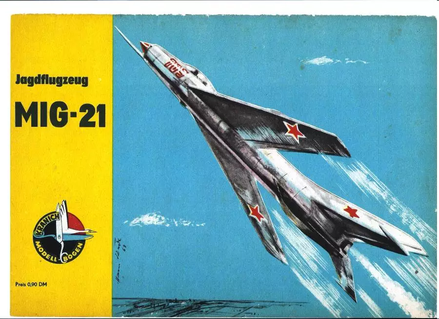 Reyndur bardagamaður OKB-155 E-2, sem á Vesturlöndum var úthlutað tilnefningu MIG-21. Cover pappírsmódel af Eastern Hermann Publishing House Kranich