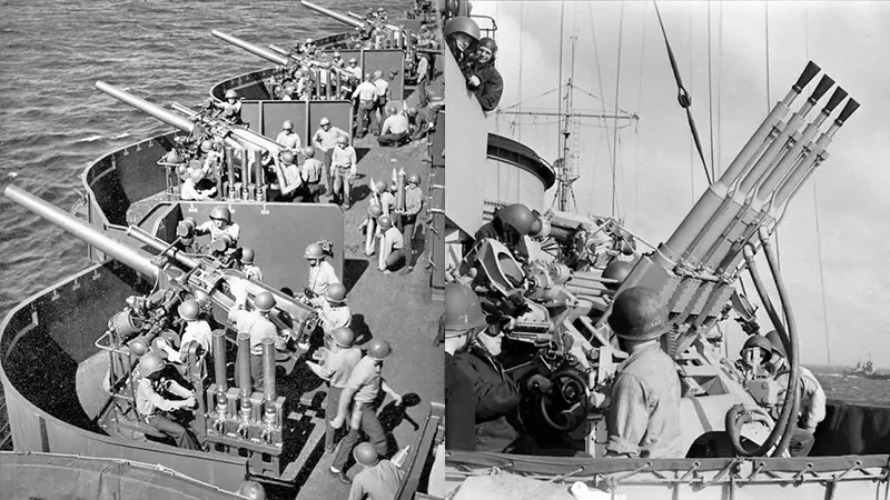 127-एमएम युनिव्हर्सल गन आणि 28-एमएम Quinitating मशीन - यूएस नौसेना जहाज मुख्य विरोधी जहाज च्या युद्ध सुरूवातीस